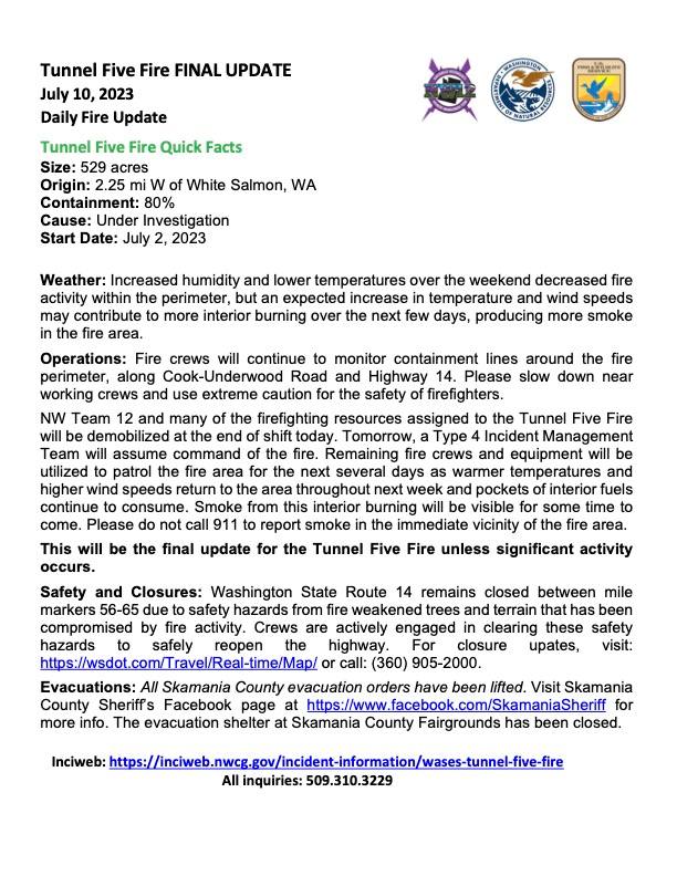 Tunnel 5 Fire - FINAL UPDATE - July 10, 2023 | White Salmon Washington
